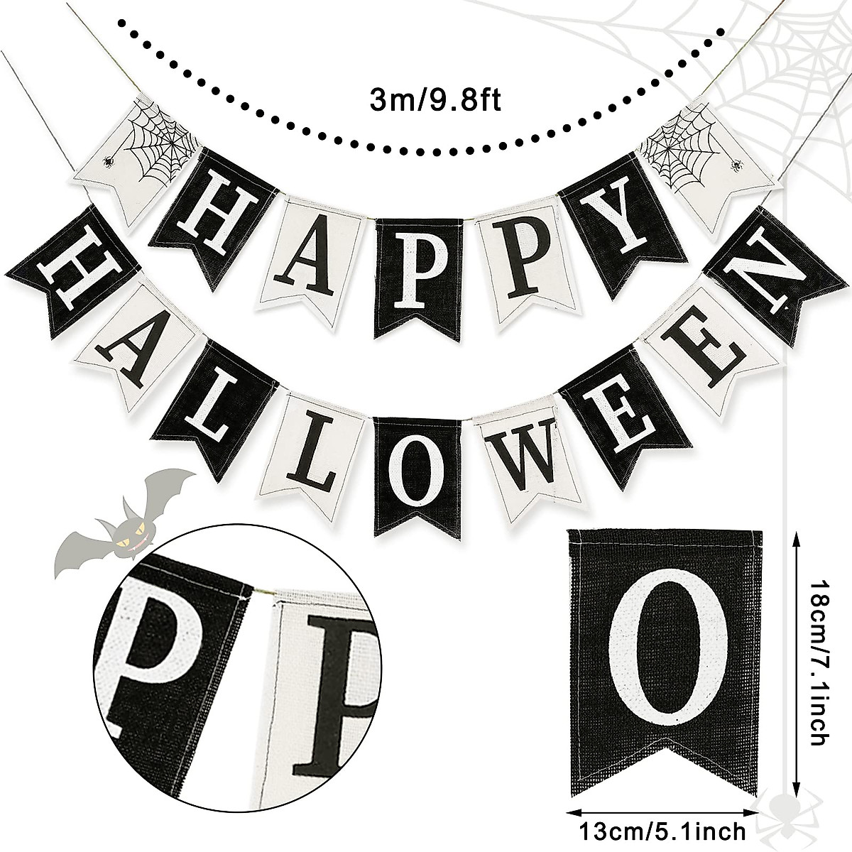 Whaline 2Pcs Happy Halloween Burlap Banner White Black Halloween Party Banner Holiday Hanging Bunting Garland Sign for Halloween Party Supplies Fireplace Wall Porch Decors Photo Prop