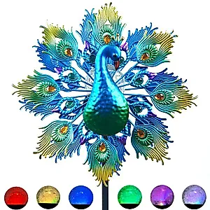Foooqu Wind Spinner 15 inch Dia 64 inch Peacock Wind Outdoor Metal Garden Lawn Yard Patio Decoration Weather Vane for Garden