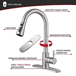 TINYROW Kitchen Faucet with Pull Down Sprayer Kitchen Sink Faucet Brushed Nickel, Single Handle Stainless Steel Kitchen Sink Faucets