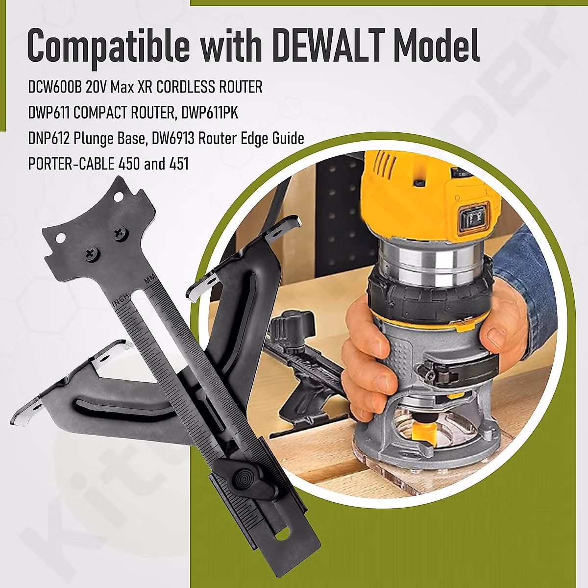 DNP618 Router Edge Guide for DEWALT Fixed Base Compact Router DCW600B, DWP611, DNP612, DW6913, PORTER-CABLE 450 and 451 - Quickly Attaches to Fixed Base Compact Router