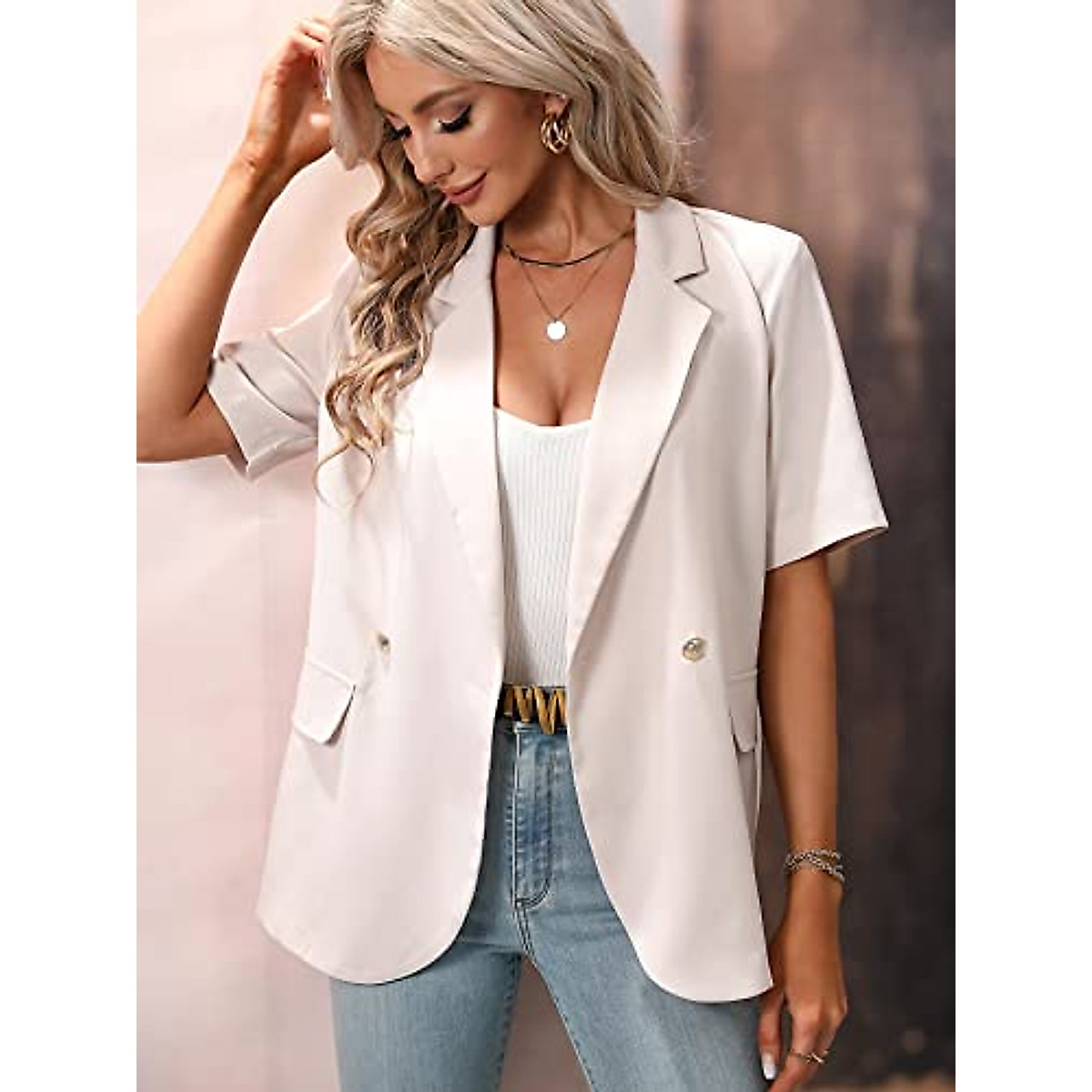 SweatyRocks Women's Casual Lapel Neck Pocket Blazer Short Sleeve Button Down Work Office Blazer Jacket Apricot S