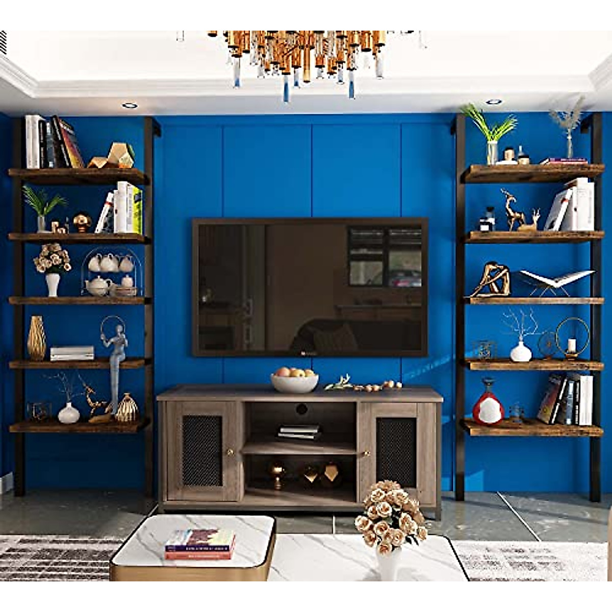 DKLGG 5-Tier Book Shelf Rack Against The Wall, Tall Ladder Shelf Wooden Bookcase Metal Frame Storage Plant and Flower, Single Standing Bookshelf Ladder ​for Living Room, Bedroom, Balcony, Home Office