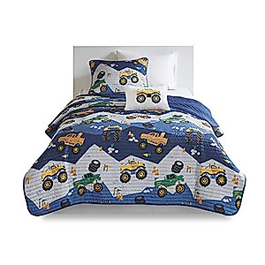 Mi Zone Kids Nash Reversible Quilt Set, Vibrant Fun Design, Lightweight All Season Children Bedding, Coverlet Bedspread, Boys Bedroom Décor, Twin, Big Wheel Monster Trucks 3 Piece