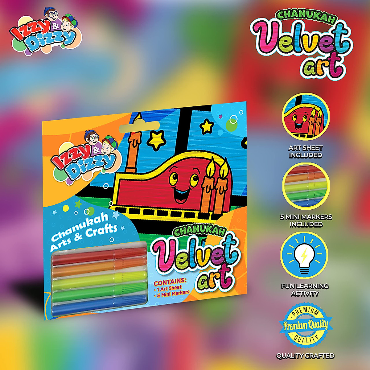 Izzy 'n' Dizzy Chanukah Velvet Art Kit - Includes 5 Markers, 1 Velvet Poster - 7" x 6"- Hanukkah Arts and Crafts - Gifts and Games