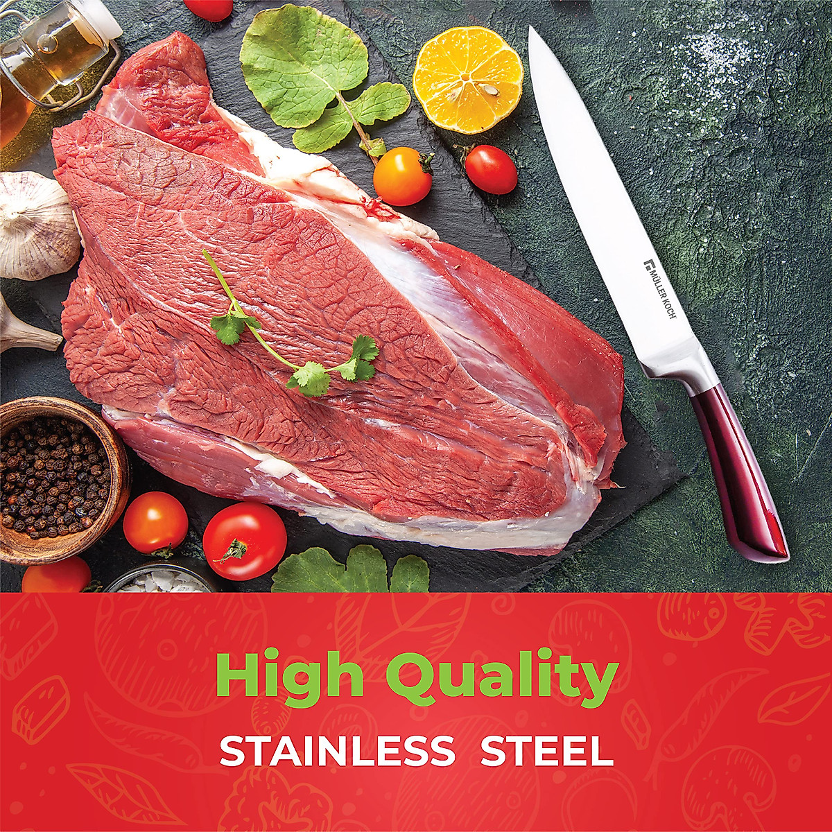 Müller Koch MK-2804 - 8 PCS Knife Set with Acrylic Block Stand (RED)