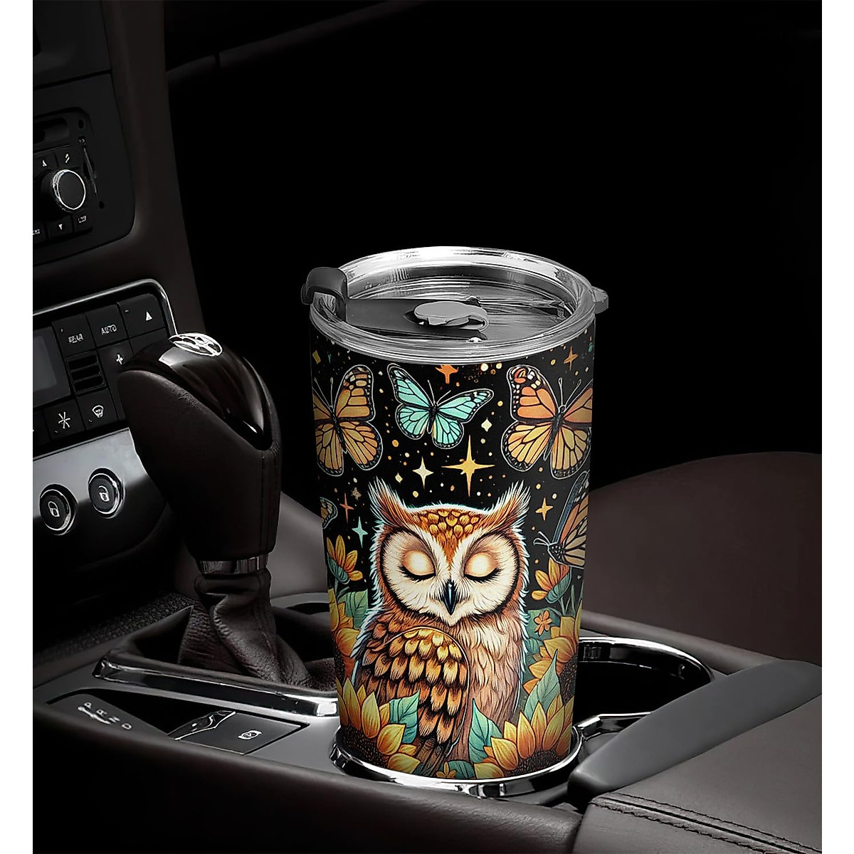 20oz Owlaholic Sunflower Owl Tumbler, Gifts for Owl Lovers, Coffee Thermos for Women, Stainless Steel Double Wall Vacuum Insulated Coffee Mug, Travel Cup with Lid