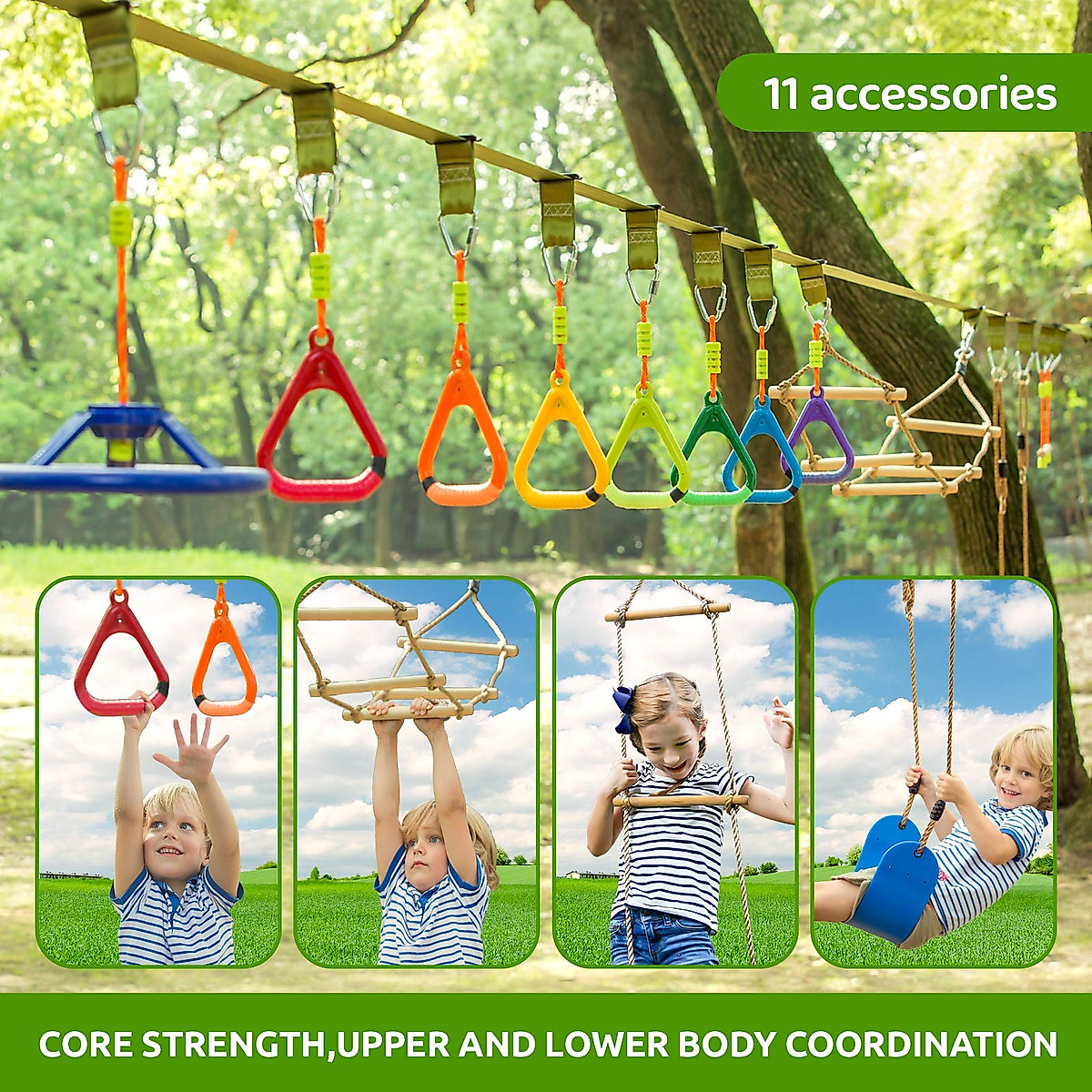 HAPPYPIE Ninja Warrior Obstacle Course Training Equipment for Kids, 46 FT Slackline with 11 Obstacles, Gymnastics Set Including Monkey Bars Zipline Swing Ninja Slackline for Backyard Boys Girls Age 6+