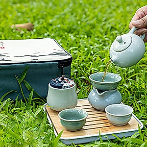 Ceramic Kungfu Tea Sets 12 Piece,Mini Protable Travel Tea Set With Tea Pot, 4x Tea Cups, Bamboo Tea Tray, Tea Canister, Travel Bag |Asian Tea Set Suitable for Office, Picnic, Home, BusinessTrip