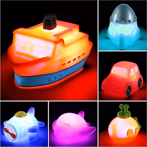 6 packs No Hole Boat Bath Toy Set, Light up Changing Color in Water, Floating Rubber Bathtub Toys for Baby Toddler Infant Boy Girl Kid Play, Led Growing Pal in Shower Bathroom Tub or swimming pool