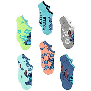 Disney Lilo & Stitch Womens 6 pack Socks (Large (9-11), Stitch Blue)