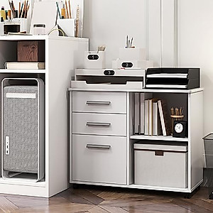 Giantex 3-Drawer File Cabinet for Office - Home Mobile Lateral Filing Cabinet with Hanging Bars, Open Storage Shelves, 5 Universal Wheels, Printer Stand for Letter Size Storage Cabinet (White)