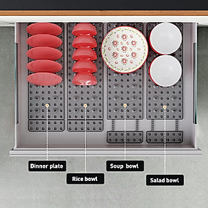 AEARY Pegboard Drawer Organizer for Kitchen Cabinet, Plate Organizers for Cabinets, Adjustable Cupboard Pegboard Tray, Dish Racks Bowl Drying Racks, Expandable Plate Holders Storage (2pcs, Grey)