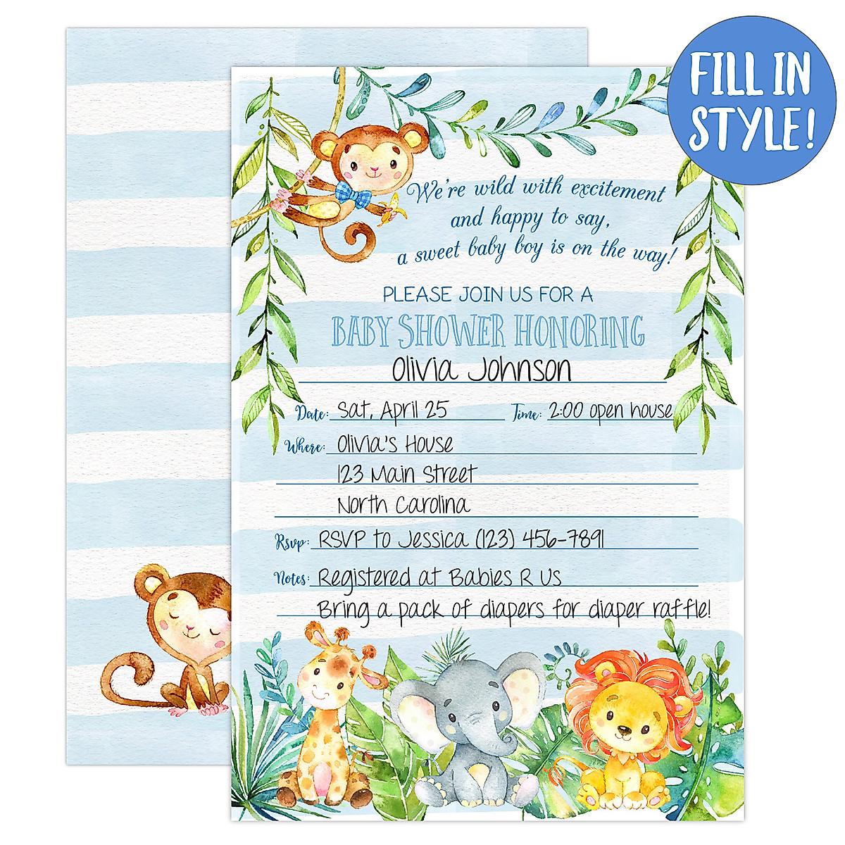 Boy Jungle Safari Baby Shower Invitations - Safari Animal Invitation - 20 Fill-In Invitations - Blue Boy Baby Shower Party - Monkey, Lion, Elephant, Giraffe - Envelopes Not Included