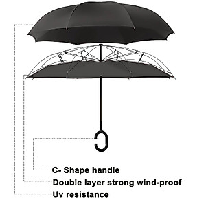MRTLLOA Windproof Inverted Reverse Umbrella with UV Protection, C-Shaped Handle Double Layer Stick Umbrella for Rain (Black)
