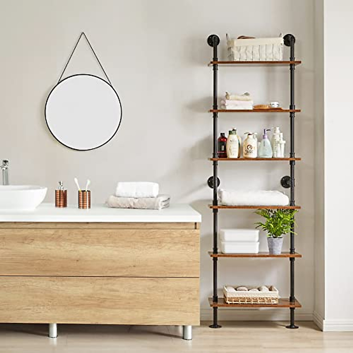 YMYNY Industrial Ladder Shelf, 4+6-Tier Bookcase with Metal Frame, 78.7"+58.5" Open Bookshelf, HTMJ014H+RF-TM018