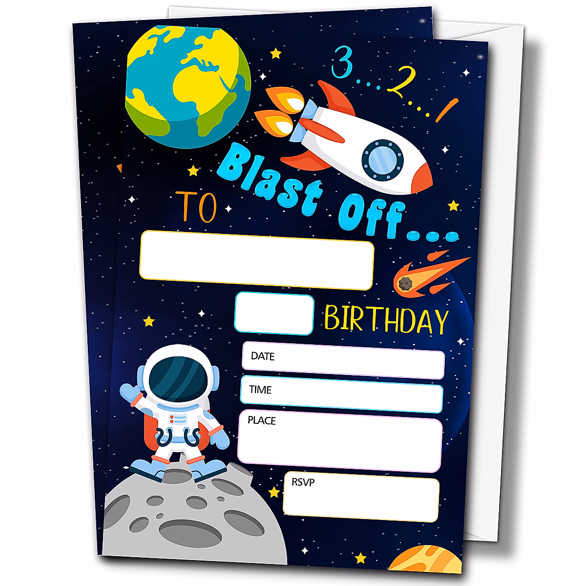 Buildinest Outer Space Birthday Party Invitations with Envelopes (20-Pack), 4"x6" Planets Rocket Ship Astronaut Birthday Invitation Cards, Galaxy Blast Off Party Invites-B15