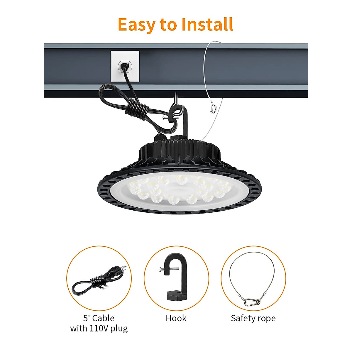 LED High Bay Light, 100W 12000LM UFO LED High Bay Lights with US Plug 5' Cable, Eqv.400W MH/HPS, 6500K Super Bright LED Shop Lights IP65 Area Light Fixture Bay Lighting for Garage Factory Workshop