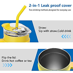 Beatcreat 40 oz Tumbler with Handle and Straw Lid,Insulated Double Wall Stainless Steel Travel Coffee Mug,Cup Holder Friendly(Yellow and white)