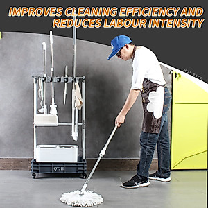 QTJH Broom mop holder cleaning supplies organizer janitorial carts on wheels housekeeping station storage tools for garage, garden, closet, cabinet.