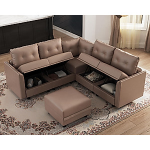 LLappuil Modular Sectional Sofa, Convertible L Shaped Sectional Couch with Storage, Faux Leather Fabric, Modular Sectionals with Chaise, 6 Seats Sofas for Living Room, Cognac Brown