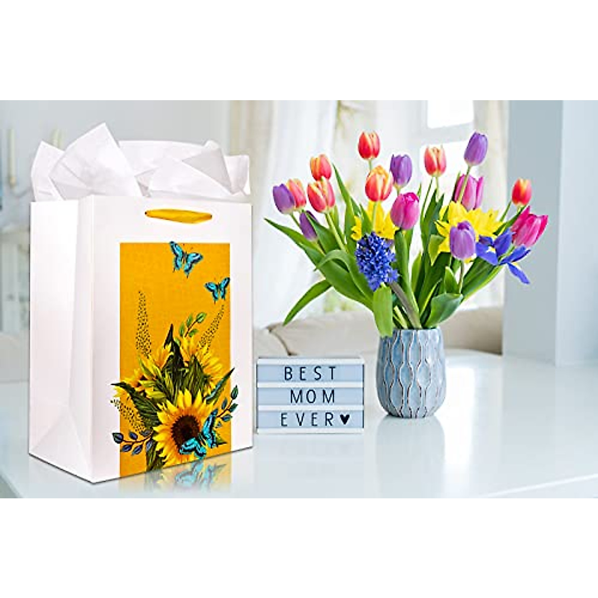 XJF 13in Large Sunflowers Gift Bag,Watercolor Flowers Gift Bag with Tissue Paper,Sunflowers Gift Bag for Birthdays,Mothers Day,Anniversary,Baby Shower,Bridal Shower,Yellow