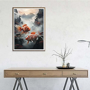 Ginfonr DIY 5D Diamond Art Kits for Adults, Fish Mountains Diamond Painting for Adults, Diamond Art Landscape Full Drill, Diamond Art Kits Embroidery Rhinestone Craft for Home Wall Decor 12 * 16 Inch