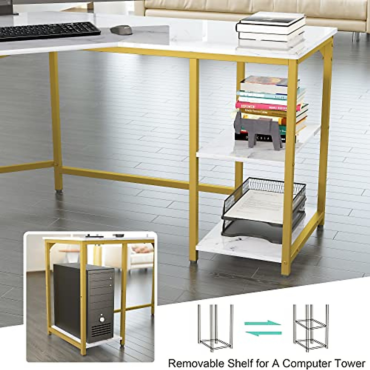 Elephance Large L-Shaped Computer Desk with Shelves, Corner Desk, Home Office Writing Workstation, Gaming Desk PC Latop Table with Storage