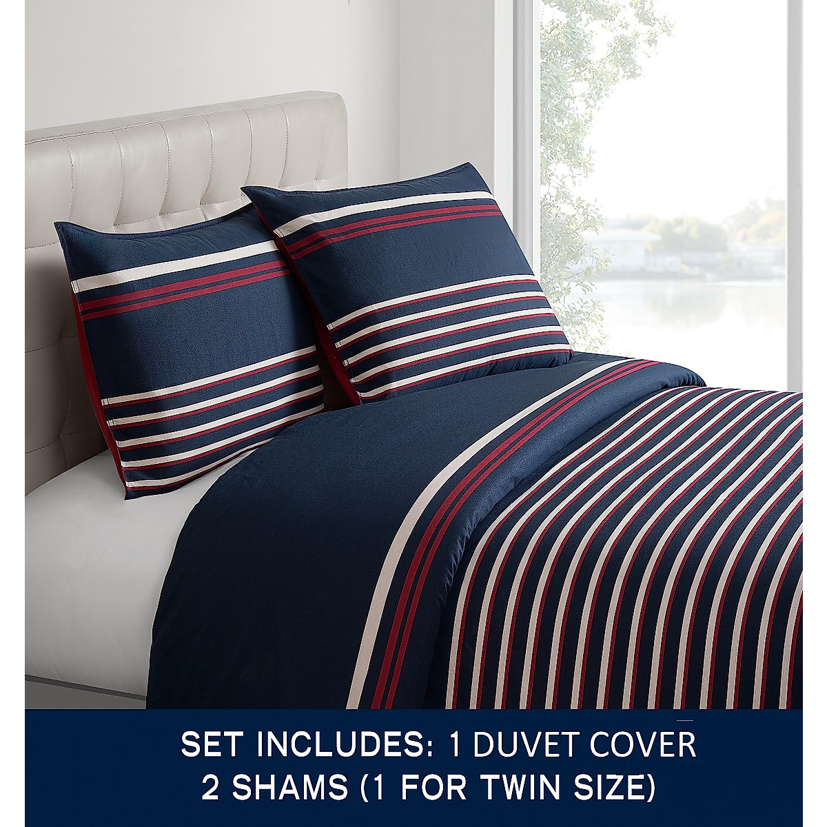 Nautica Duvet Cover Set Cotton Reversible Bedding with Matching Shams, Medium Weight for All Seasons, King, Mineola Red/White/Navy
