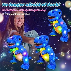 Cuteoy Blue Dinosaur LED Musical Stuffed Animal Light-up Singing Plush T-Rex Adjustable Volume Lullaby Plushies Birthday Christmas Toy Gifts for Kids Toddler Girls, 12"