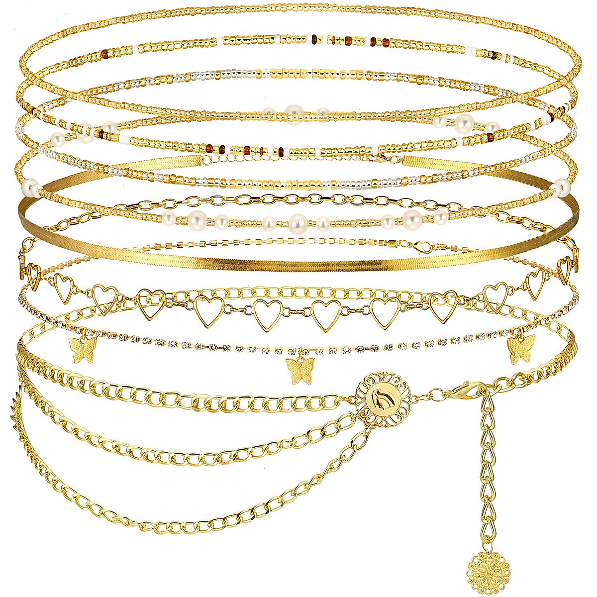 JenPen 8 Pcs Belly Chain Adjustable Elastic Waist Chain Boho African Waist Beads for Women Butterfly Heart Body Chain Multilayer Gold Chain Belt Bikini Jewelry, One Size