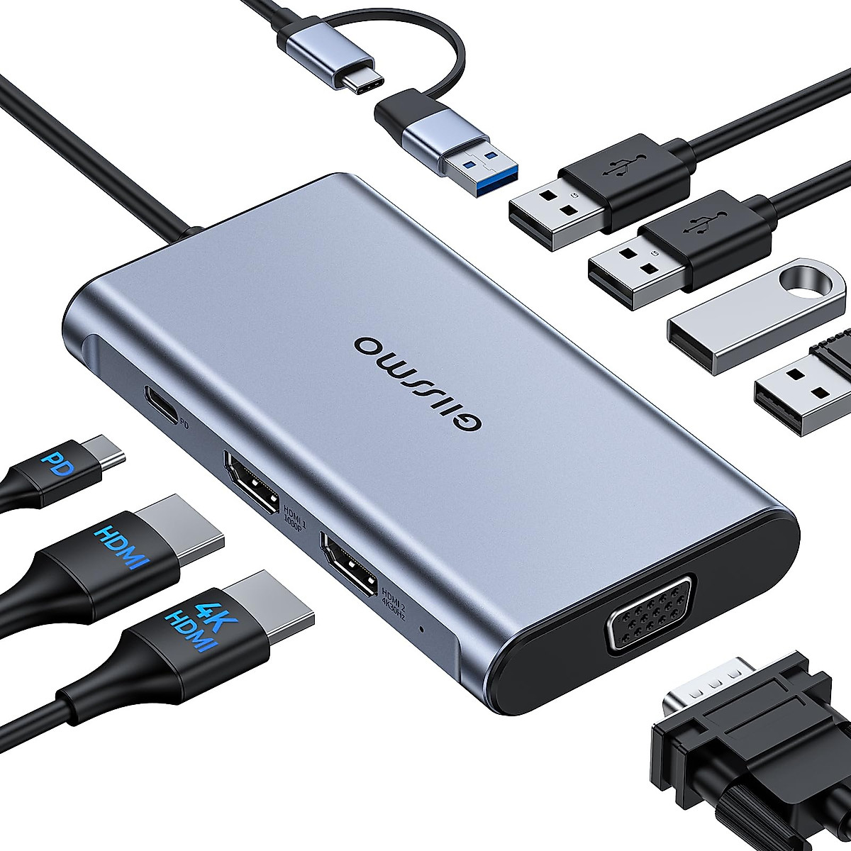 USB Docking Station, GIISSMO USB C Hub USB 3.0 to Dual HDMI VGA Adapter Triple Display USB C Laptop Docking Station Dual Display for MacBook Pro/Air/M1/M2/Mac, USB C Hub for Dell/HP/Lenovo/Surface