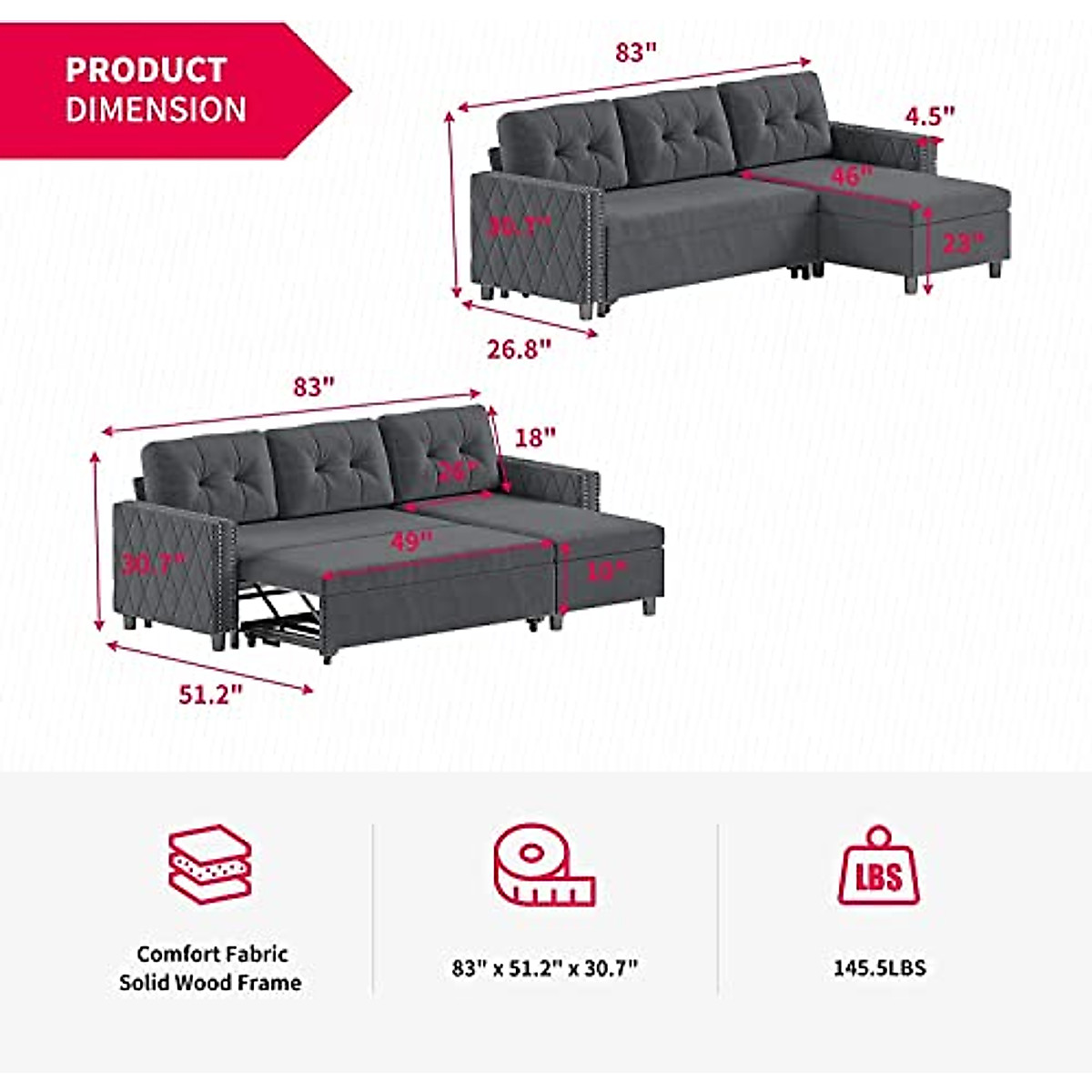 MUZZ Pull Out Sleeper Sofa with Storage, Reversible Pull Out Sofa Couch, L-Shaped Sectional Sofa with Chaise and Pocket, Ideal for Living Room, Apartment and Office (Dark Grey)