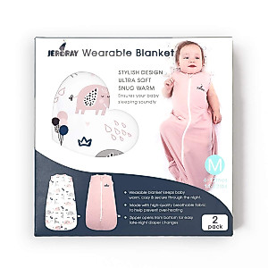 Jeroray Wearable Blanket-Stretchy Sleeping Bag,(12-18 Months) TOG 1.0,2-Pack,2 Way Zipper,Unisex,Elephant&Solid Dusty Rose,Large