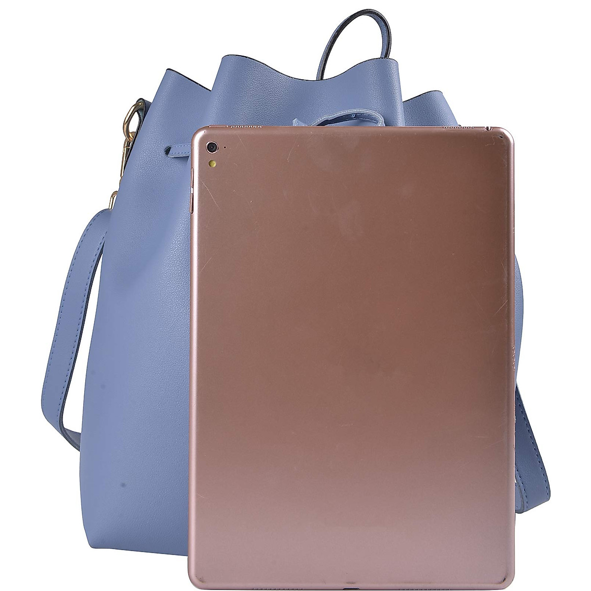 QZUnique Handbag Set Women's PU Leather Drawstring Bucket Bag Crossbody Shoulder Bags Purses Set With Colorful Strap Blue