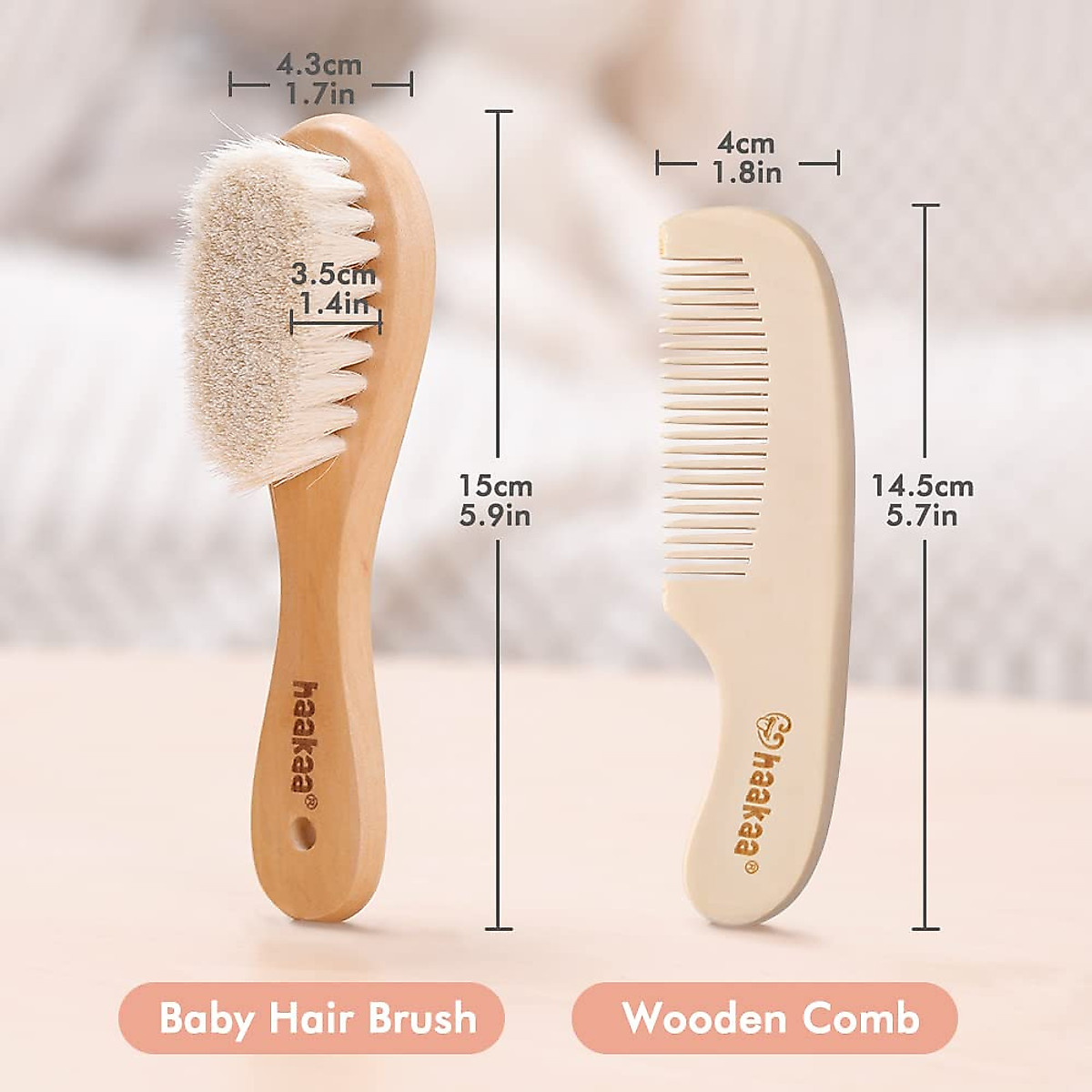 haakaa Baby Hair Brush and Comb Set - Baby Brush with Soft Wool Bristles for Cradle Cap - Wooden Comb Scalp Grooming Massager for Infant,Newborn & Toddler,Baby Showe Gift, 2PK