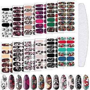 Maitys 168 Pieces Halloween Skull Full Wrap Nail Stickers DIY Gothic Nail Polish Strips Stickers Self Adhesive Full Wraps with Nail File for Halloween Party Decor(Skeleton Style)