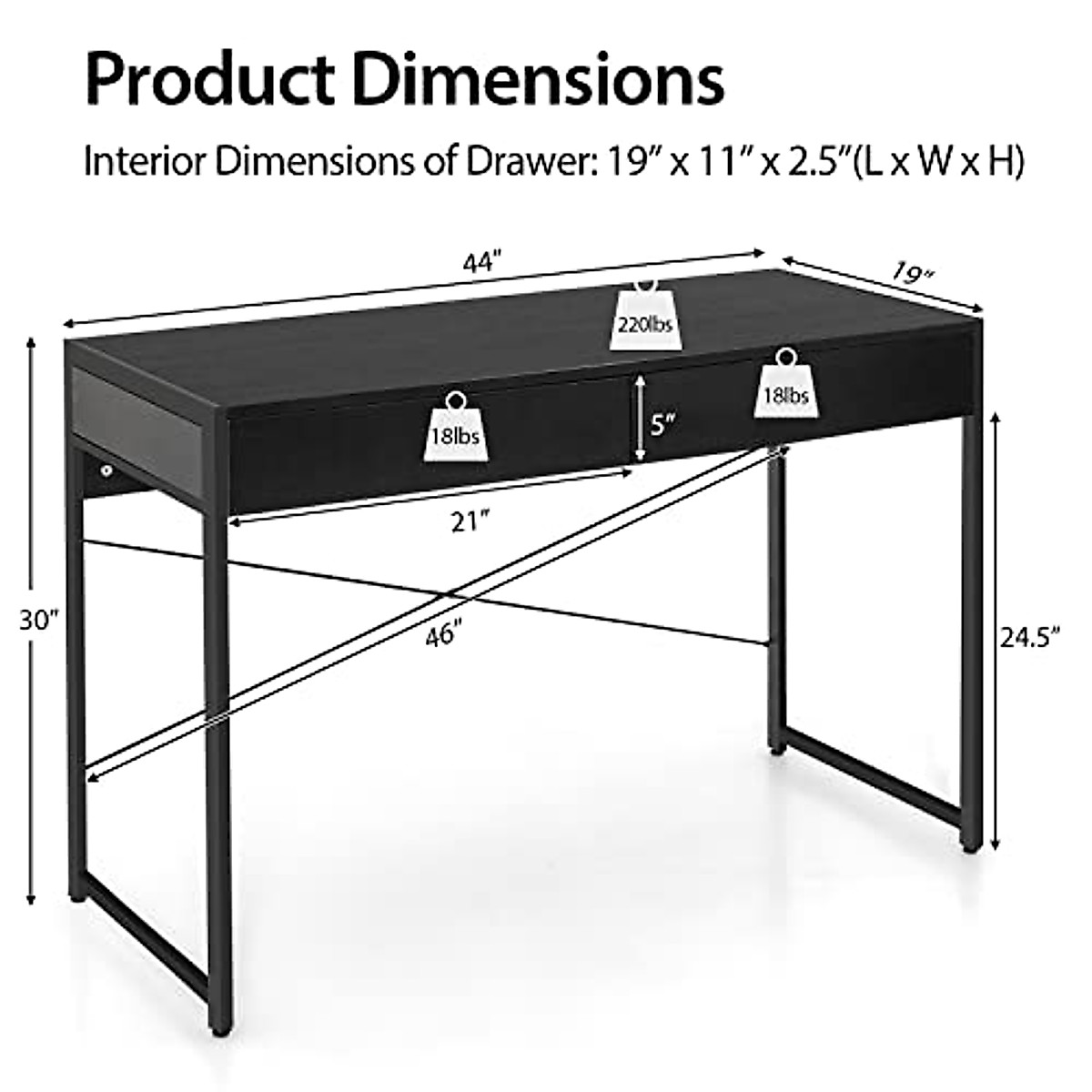 Tangkula Computer Desk with 2 Drawers, 44" Study Writing Table w/Heavy-Duty Steel Frame & Reinforced Structure, PC Desk with Storage for Home Office (Black)