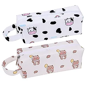 Fycyko 2Pack Kawaii Cute Pencil Case with Zipper Aesthetic Cows Bear Pattern Organizer Storage Bag Makeup Pouch Cosmetic Canvas Small Pencil Pen Case for Adults Kids Students