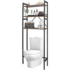 Over-The-Toilet Storage Rack 3-Tier Bathroom Organizer Shelf, Space Saver Toilet Stands for Washroom Laundry Room, Rustic Brown and Black