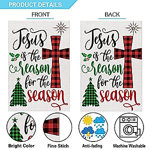 UPINLOOK Christmas Garden Flag Vertical Double Sided Jesus is The Reason for The Season Burlap Winter Xmas Tree Cross Farmhouse Yard Flag Outdoor Decor 12.5 x 18 Inch