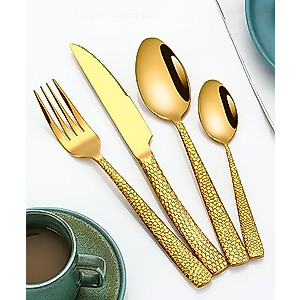 Gold Hammered Silverware Set With Steak Knife Cutlery Utensil,Food-Grade Stainless Steel Flatware,Durable Home Restaurant Small Business,Mirror Finish Tableware