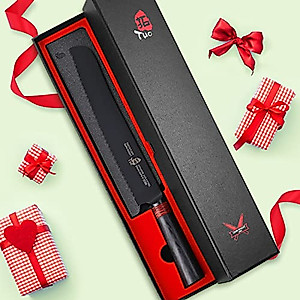 TUO Serrated Bread Knife 9" - Super Sharp Carving Knife Black - HC Japanese AUS-8 Stainless Steel - Comfortable Pakkawood Handle with Sheath & Luxurious Gift Box - Dark Knight Series