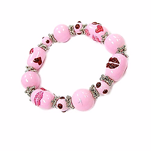Glass Beaded Bracelet for Women, Pink Lips Kiss Hearts Beads Jewelry, Valentine Mother's Day Gift for Her, 1 pc