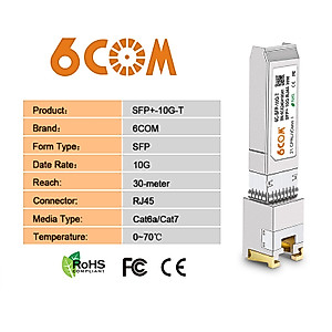 6COM 10GBase-T SFP+ Transceiver, 10G SFP+ to RJ45 Copper Module, CAT.6a/7, up to 30 Meters, compatible for Cisco SFP-10G-T-S, Ubiquiti uacc-cm-rj45-mg, D-Link, Supermicro, MikroTik S+RJ10 and More