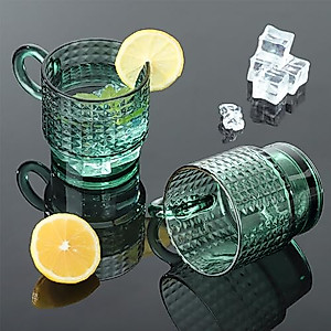 Joeyan Green Glass Coffee Mugs with Handle,Stackable Glass Coffee Cups with Diamond Design,Embossed Drinking Glasses for Espresso Cappuccino Latte Tea Milk,10 oz,Set of 4,Dishwasher Safe