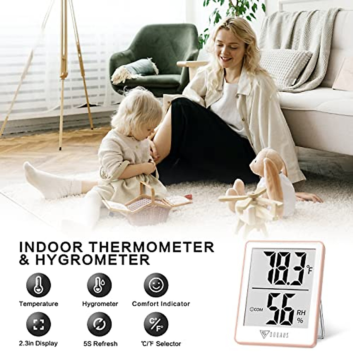 DOQAUS Digital Hygrometer Indoor Thermometer Humidity Gauge Room Thermometer with 5s Fast Refresh Accurate Temperature Humidity Monitor for Home, Bedroom, Baby Room, Office, Greenhouse, Cellar, Pink