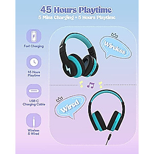 Kids Bluetooth Headphones, Colorful Wireless Over Ear Headset with LED Lights, Built-in Mic, 45H Playtime, 85dB/94dB Volume Limited Headphones for Boys Girls iPad Tablet School Airplane (Blue)