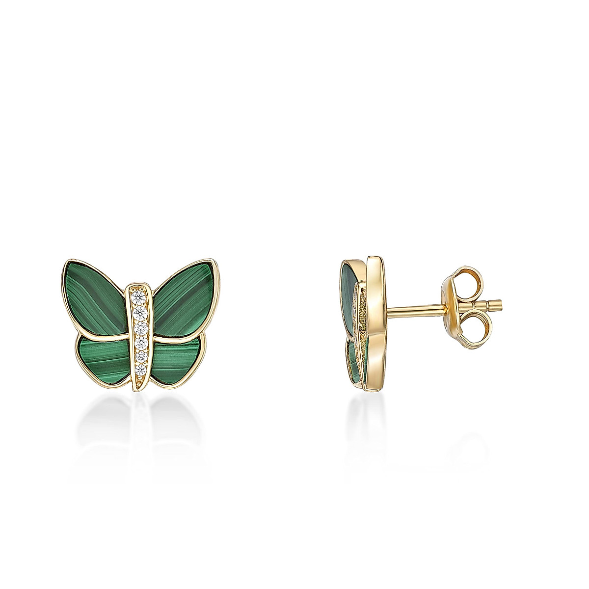 Green Malachite and Cubic Zirconia Butterfly Stud Earrings in 925 Sterling Silver with Yellow Gold Plating with Friction Back by Lavari Jewelers