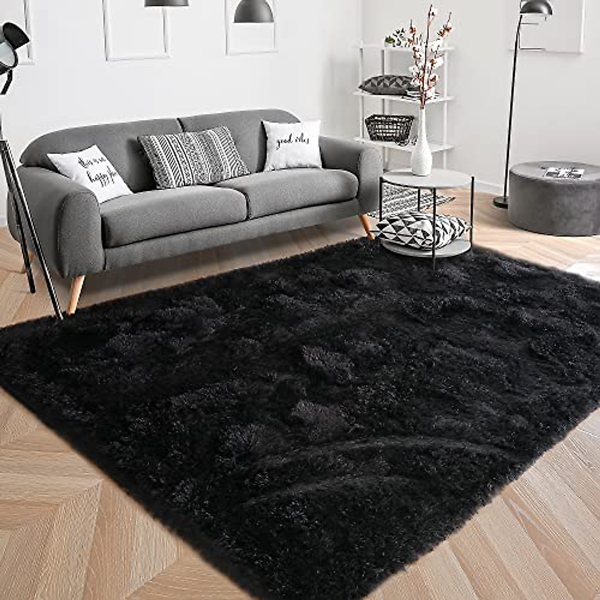 Foxmas Black Rug for Bedroom, Area Rug 4x6 Feet, Throw Rugs with Rubber Backing Washable, Rugs for Bedroom Aesthetic, Black Fluffy Rug for Living Room, Dorm Rug Fuzzy Carpet Rugs Room Decor