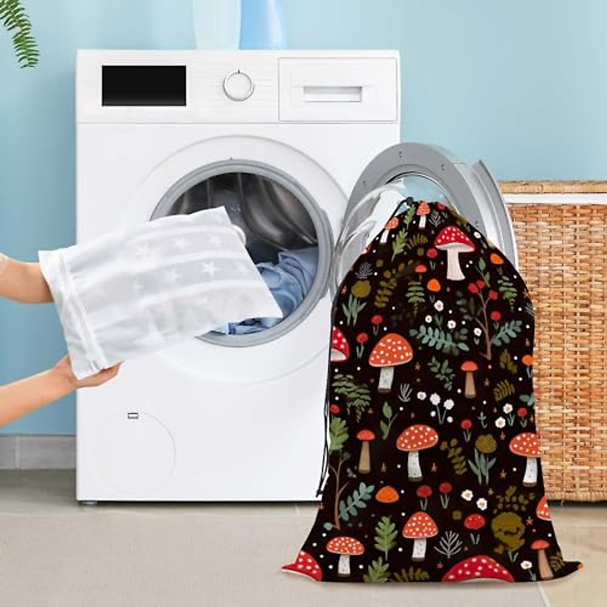 RunningBear Funny Mushrooms Leave Laundry Bag Travel Laundry Bags Travel Laundry Bags with Drawstring Large Laundry Bags for Traveling Apartment